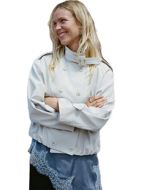 Maeve Retta Funnel-neck Double-breasted Short Trench Coat Jacket - Light Sand