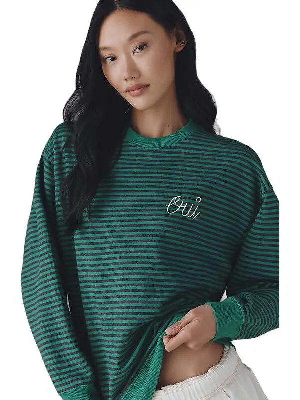 Clare V. Oui Oversized Pullover Sweater - Green Charcoal Stripe