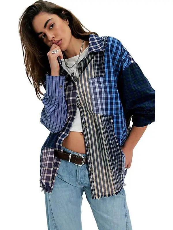 THE TALES Patchwork Check Stripe Button Down - Blues