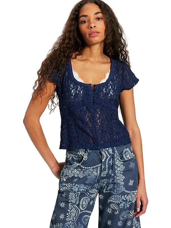 Free People Claro Lace Tee - Navy Academy