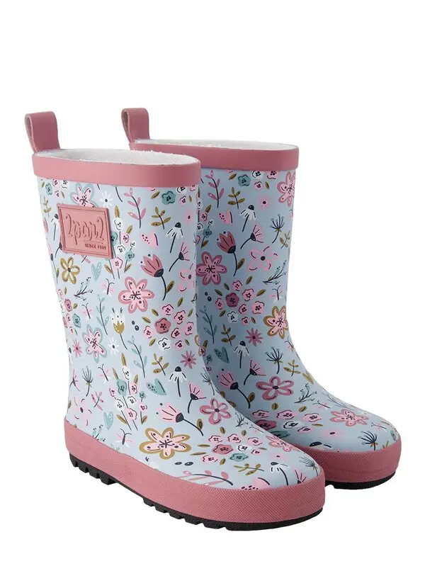 DEUX PAR DEUX Printed Natural Rubber Rain Boots - Blue Mini Flower Print