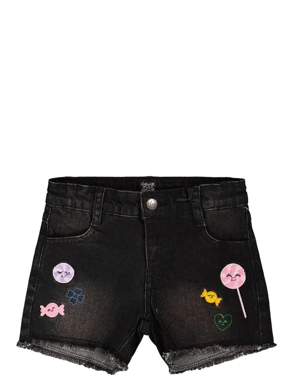 DEUX PAR DEUX Candy And Lollipop Embroidered Denim Shorts - Black Denim