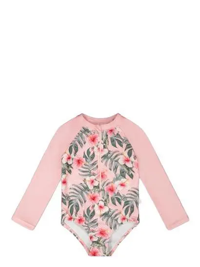 DEUX PAR DEUX Hibiscus Print Long Sleeve Rashguard - Pink Hibiscus Print