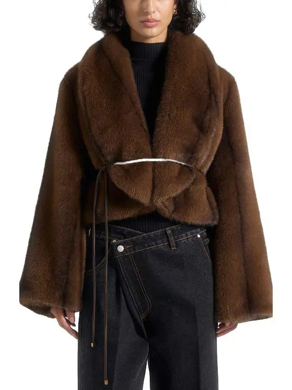 Manière De Voir Faux Fur Shawl Jacket With Leather Belt - Brown