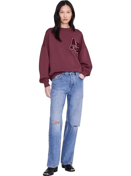 ANINE BING Oversized Cotton Fleece Crewneck Sweatshirt With Chenille Patch - Fig