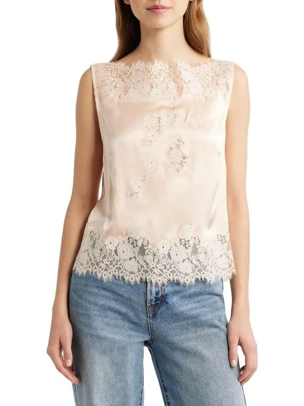 DÔEN Viviane Lace Trim Silk Satin Top - Peach Sorbet