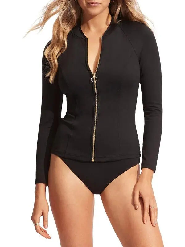 Seafolly Zip Front Long Sleeve Rashguard - Black