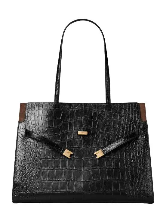 Tory Burch Lee Radziwill Croc-embossed Leather Tote - Black