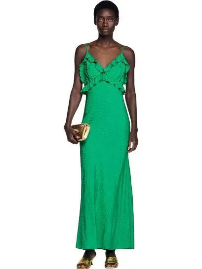 Sandro Jacquard Maxi Dress With Straps - Green