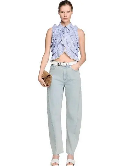 Sandro Cropped Ruffled Striped Shirt - Stripe