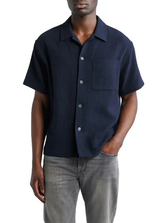 FRAME Open Weave Short Sleeve Cotton Blend Button-up Shirt - Dark Navy