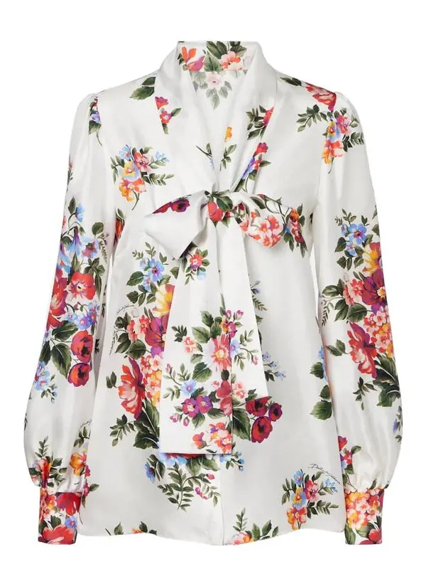 Dolce & Gabbana Floral Tie-neck Silk Blouse - White
