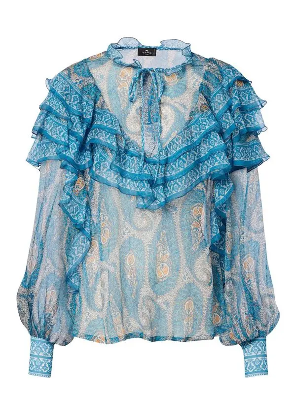 Etro Paisley Ruffled Silk Blouse - Blue