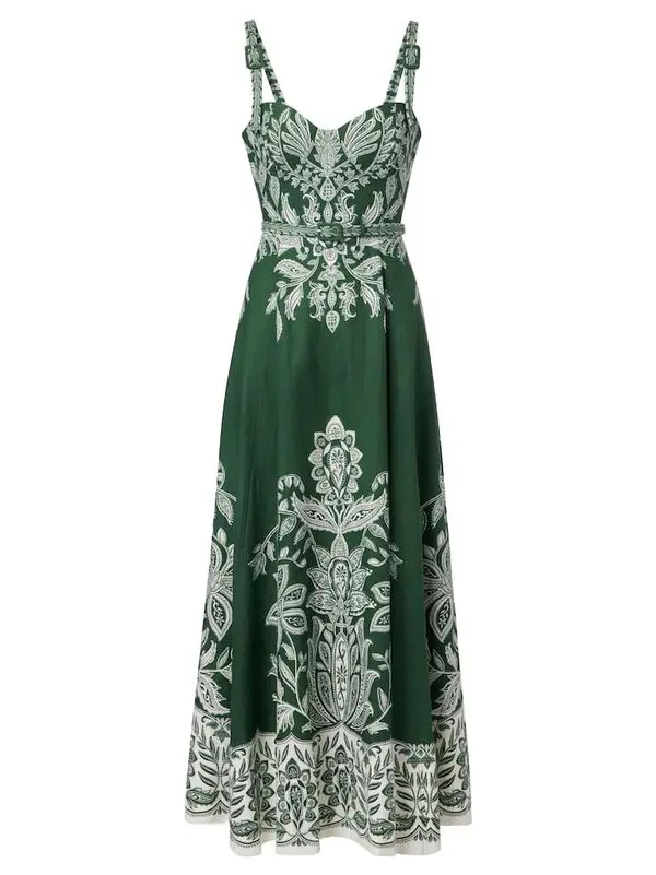 Farm Rio Miranda Belted Linen-blend Maxi Dress - Green