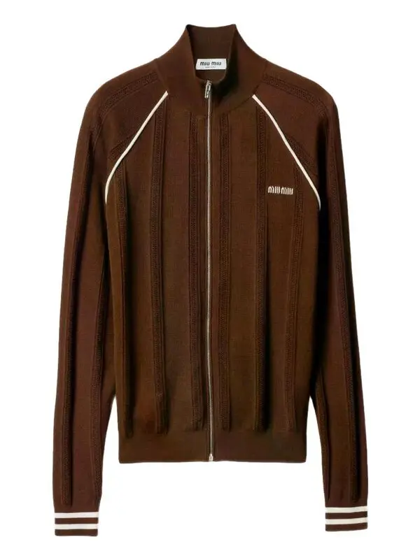 Miu Miu Logo Stripe Zip Cardigan - Brown