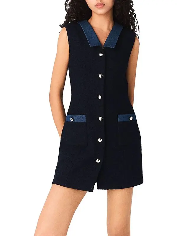Maje Tweed Dress With Denim Details - Navy