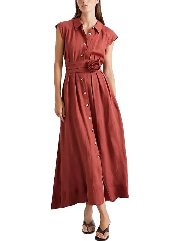 Marella Belted Linen Shirt Dress - Brick Red