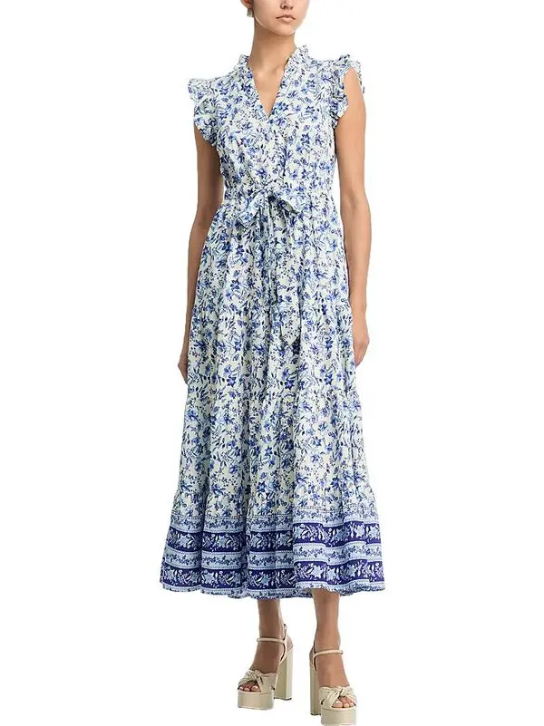 Aqua Floral Border Button Down Maxi Dress - Blue/white