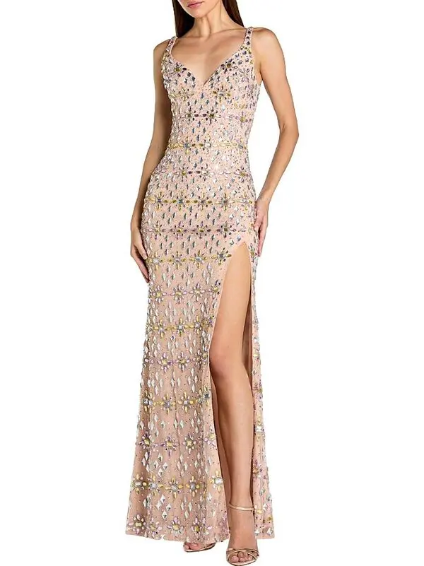 Mac Duggal Beaded Sweetheart Neck Column Gown With Slit - Light Rose