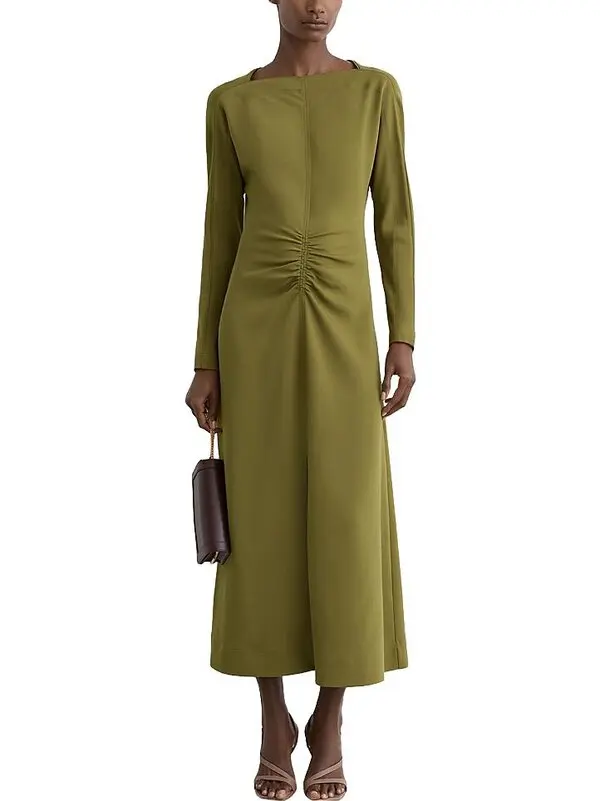 REISS Adrianna Ruched Long Sleeve Midi Dress - Chartreuse