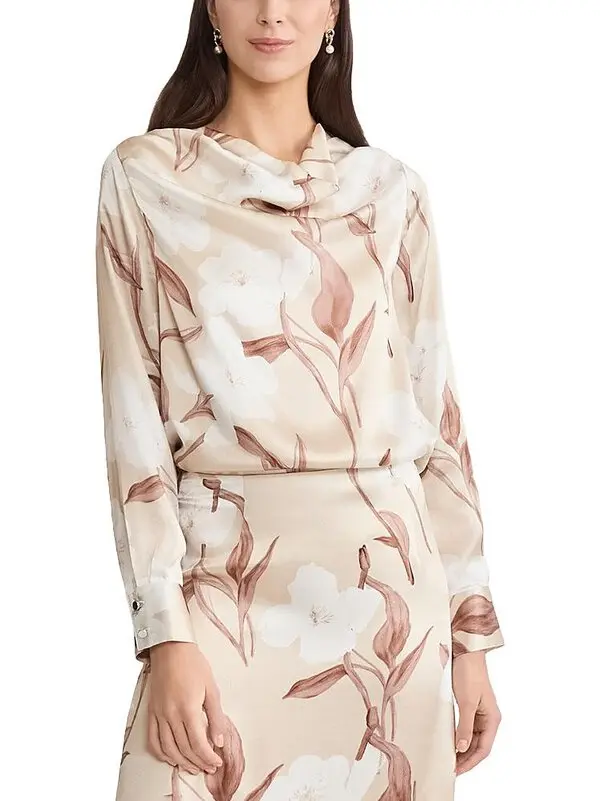 Misook Draped Neck Floral Print Silk Blouse - Biscotti/charmeuse/white