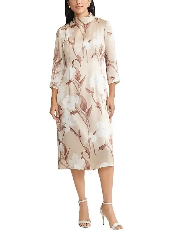 Misook Floral Print Silk Midi Dress - Biscotti/charmeuse/white