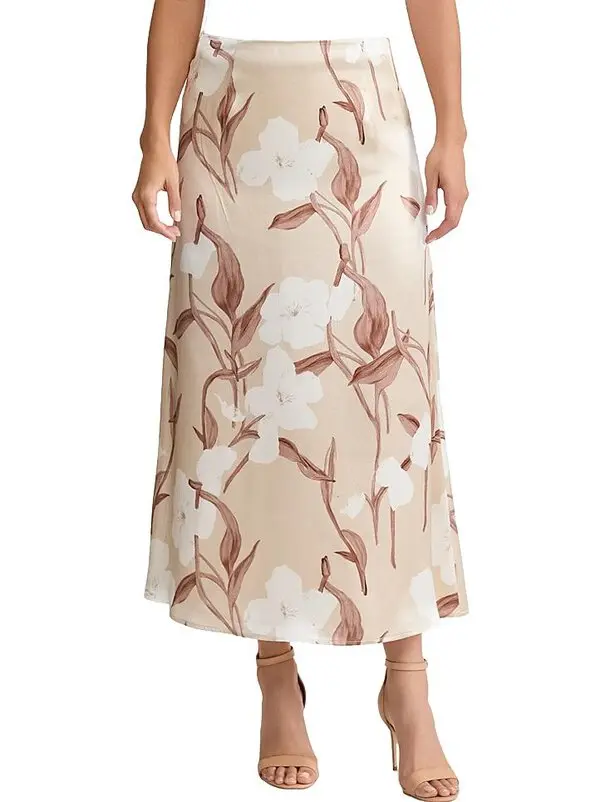 Misook Flared Floral Print Silk Maxi Skirt - Biscotti/charmeuse/white