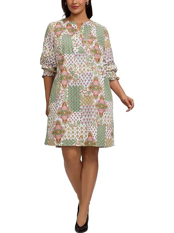 Foxcroft Alicia 3/4 Sleeve Patchwork Dress - Green Multi