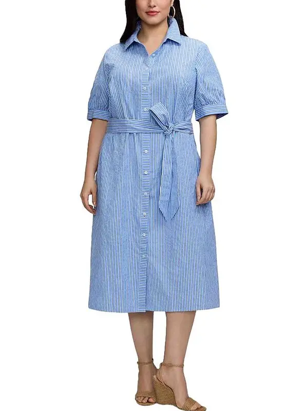 Foxcroft Esther Elbow Sleeve Mini Stripe Seersucker Dress - Blue Multi