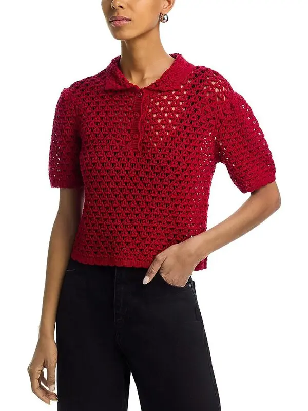 FRAME The Crochet Polo Sweater - Cherry Red
