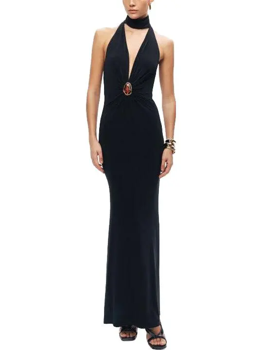NOCTURNE Halter-neck Draped Maxi Dress - Black