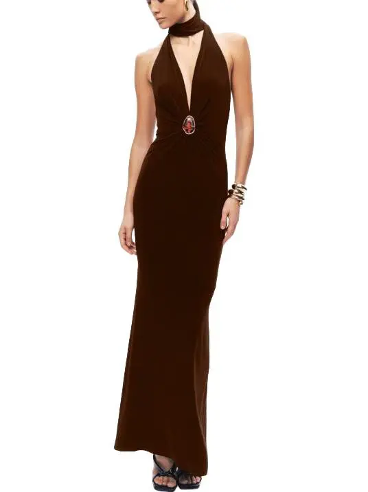 NOCTURNE Halter-neck Draped Maxi Dress - Brown