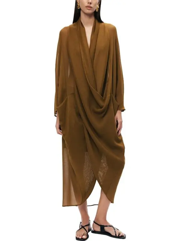 NOCTURNE Draped V-neck Midi Dress - Camel