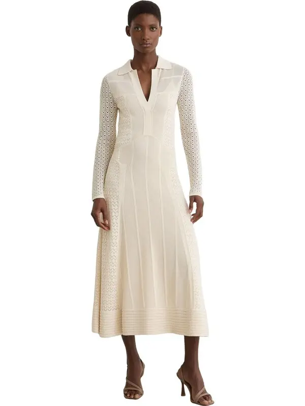 REISS Lindy Pointelle-knit Panelled Midi Dress - Cream