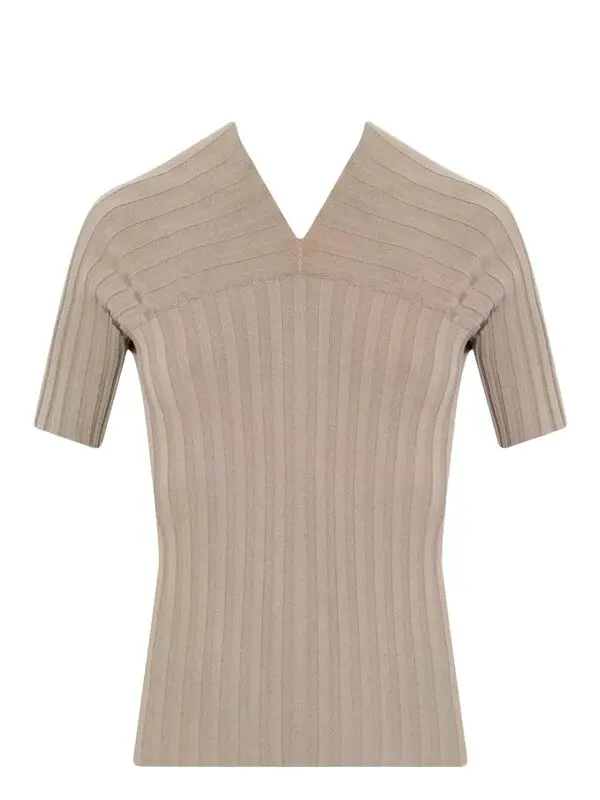 Issey Miyake Ribbed Knit V-neck Top - Neutrals