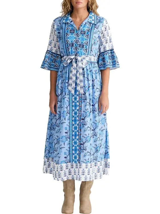 TALISMAN THE LABEL Jardin Mixed Print Cotton Midi Dress - Blueberry Fields