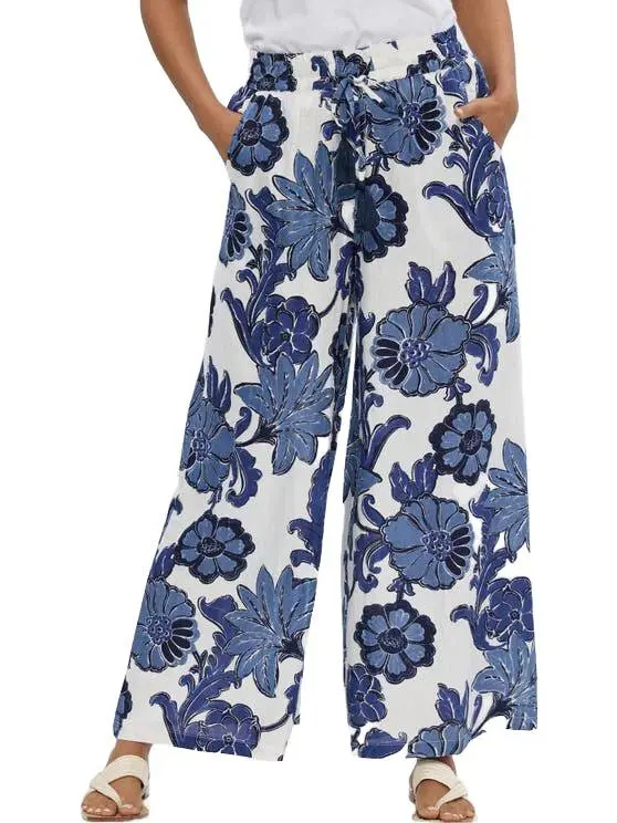 TALISMAN THE LABEL Floral Wide Leg Drawstring Pants - Navy Ibiza