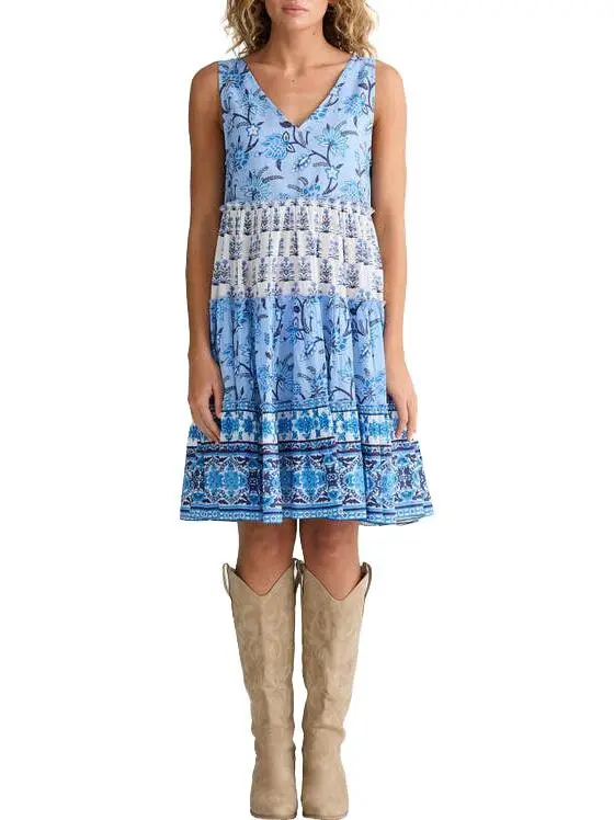 TALISMAN THE LABEL Lucky Charm Mixed Print Tiered Cotton Dress - Blueberry Fields