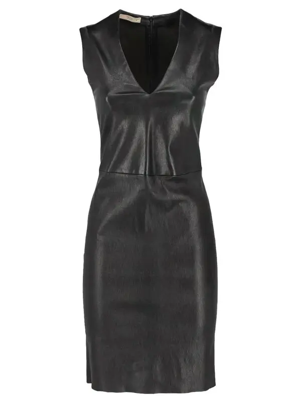 Prada V-neck Leather Dress - Black