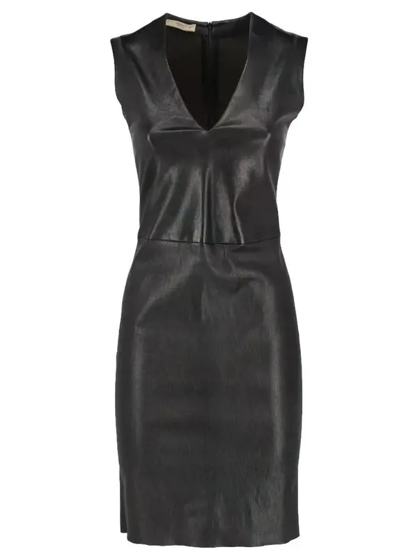 Prada V-neck Leather Dress - Black