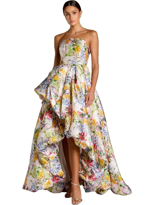 Mac Duggal Strapless Floral High-low Bubble Hem Gown - Pastel Multi