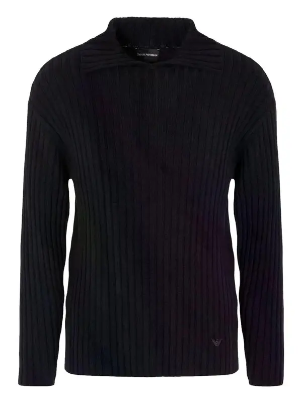 Emporio Armani Split-neck Ribbed-knit Jumper - Black