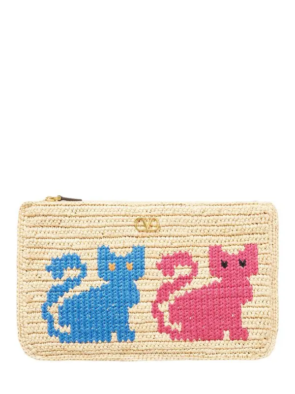 Valentino Garavani Embroidered Raffia Clutch - Neutrals