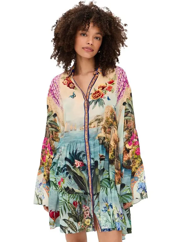 Camilla Silk Tiered Shirtdress - Bodrum Botanicals
