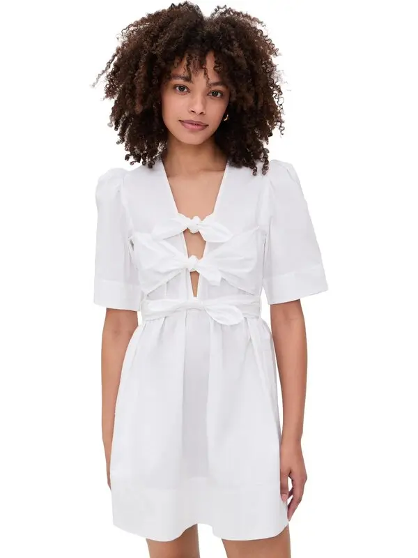 GANNI Stretch Cotton Mini Tie Strap Dress - Bright White