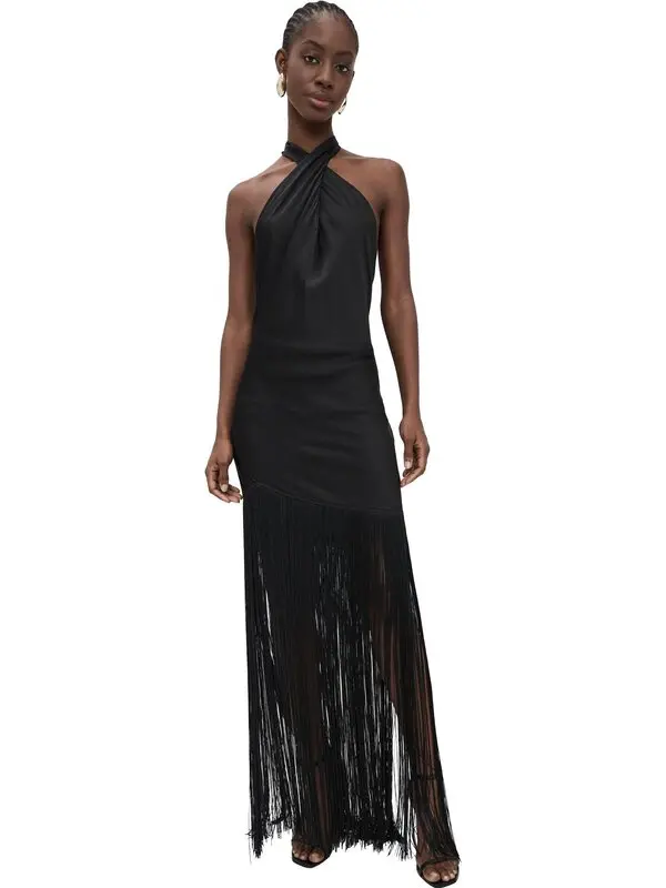 Show Me Your Mumu Jasmine Fringe Maxi Dress - Black Luxe Satin