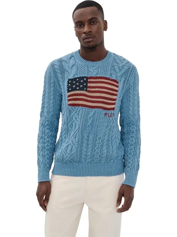 Polo Ralph Lauren Intarsia Flag Crew Neck Sweater - Light Blue Combo