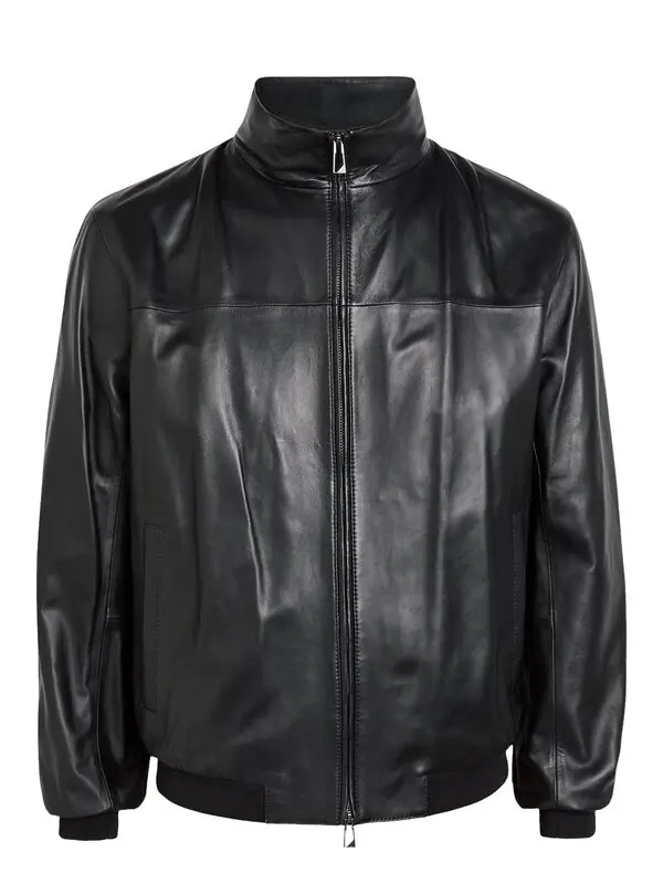 Emporio Armani High-neck Leather Jacket - Black
