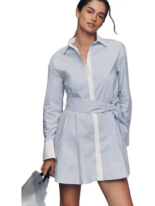 Greylin Faith Long-sleeve V-neck Shirt Dress - Blue Stripe