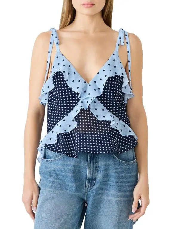 Steve Madden Adalina Polka Dot Ruffle Chiffon Tank - Vintage Navy